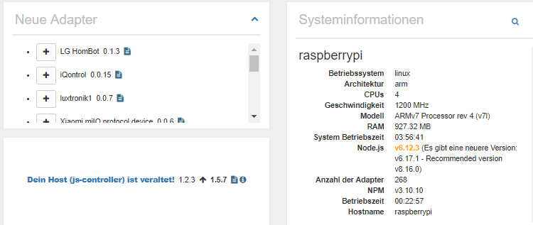 Adapter laufen nicht - Update Node js und js controller