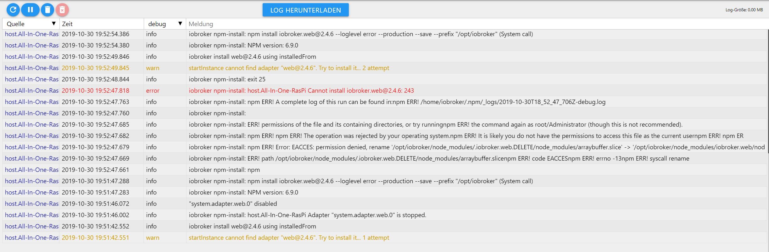 Nach JS controller Update Web.0 nicht erreichbar