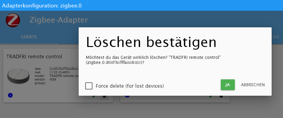 zigbee Adapter, Geräte löschen nicht möglich