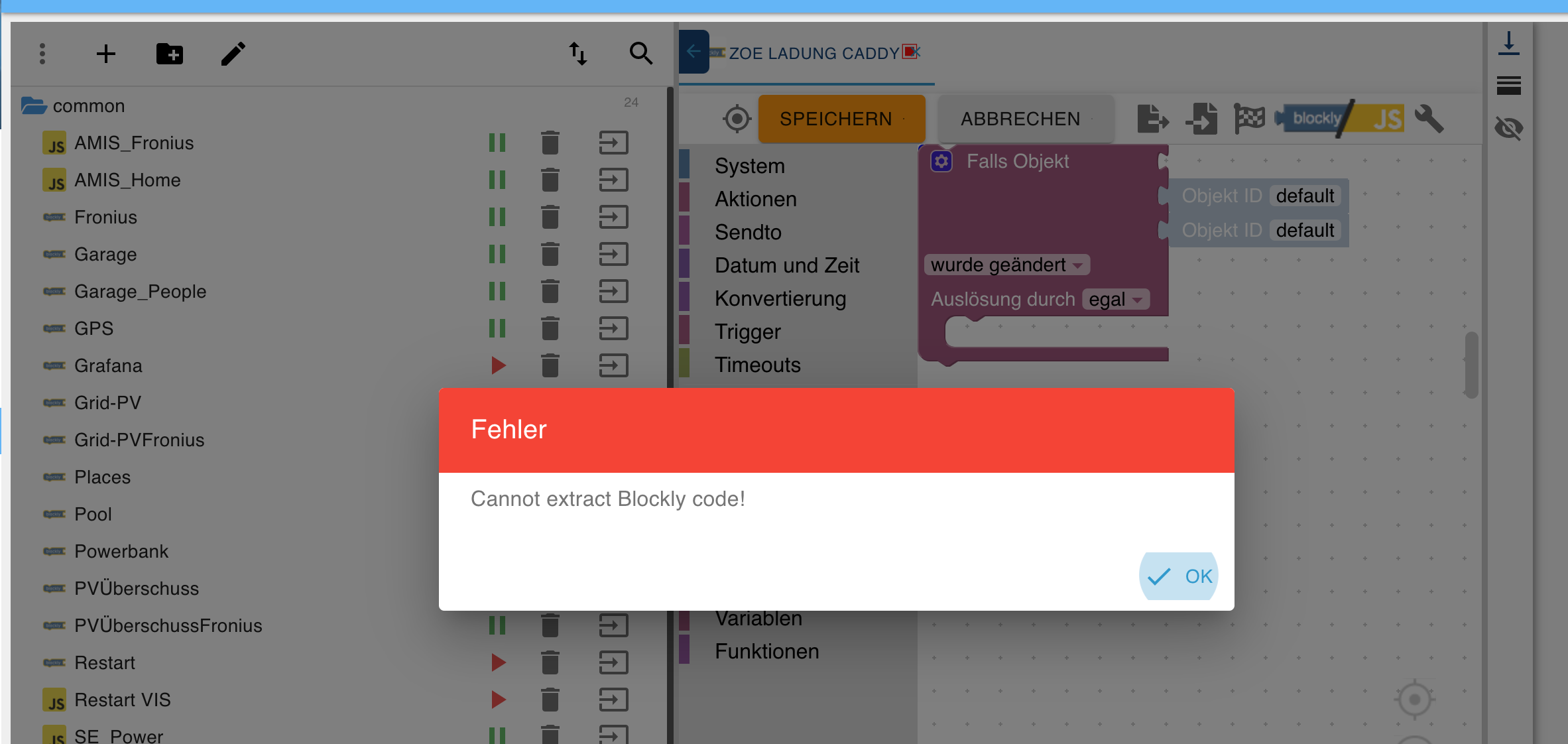 (gelöst) "cannot extract Blockly Code" Fehler