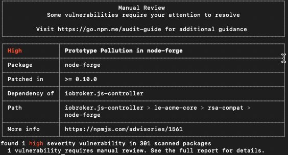 node-forge High severyity vulnerability - Javascript Instanz
