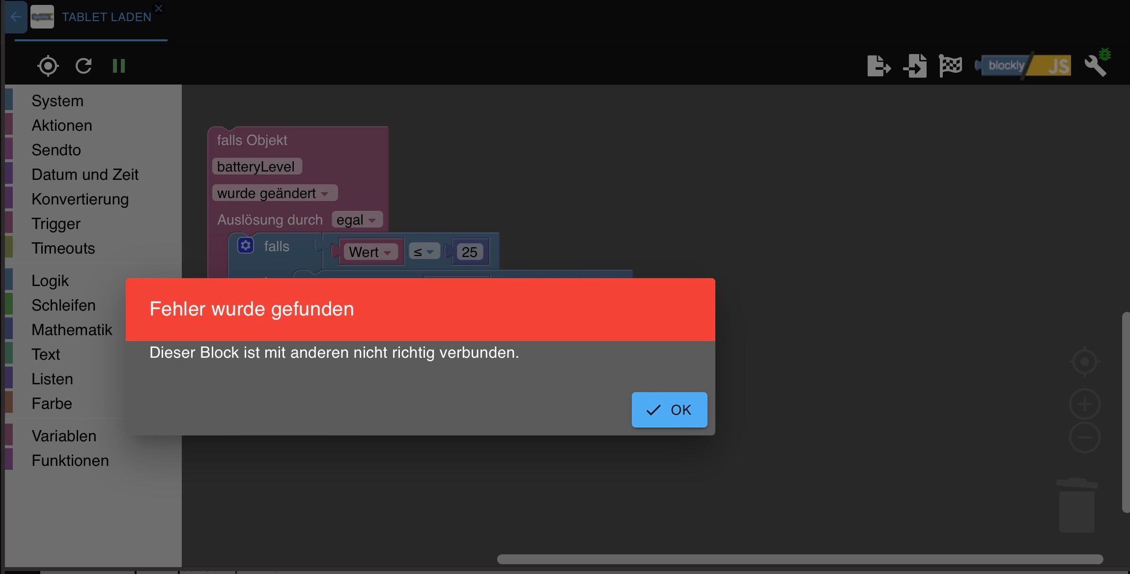Tablet laden Blockly "Fehler nicht richtig verb." [gelöst]