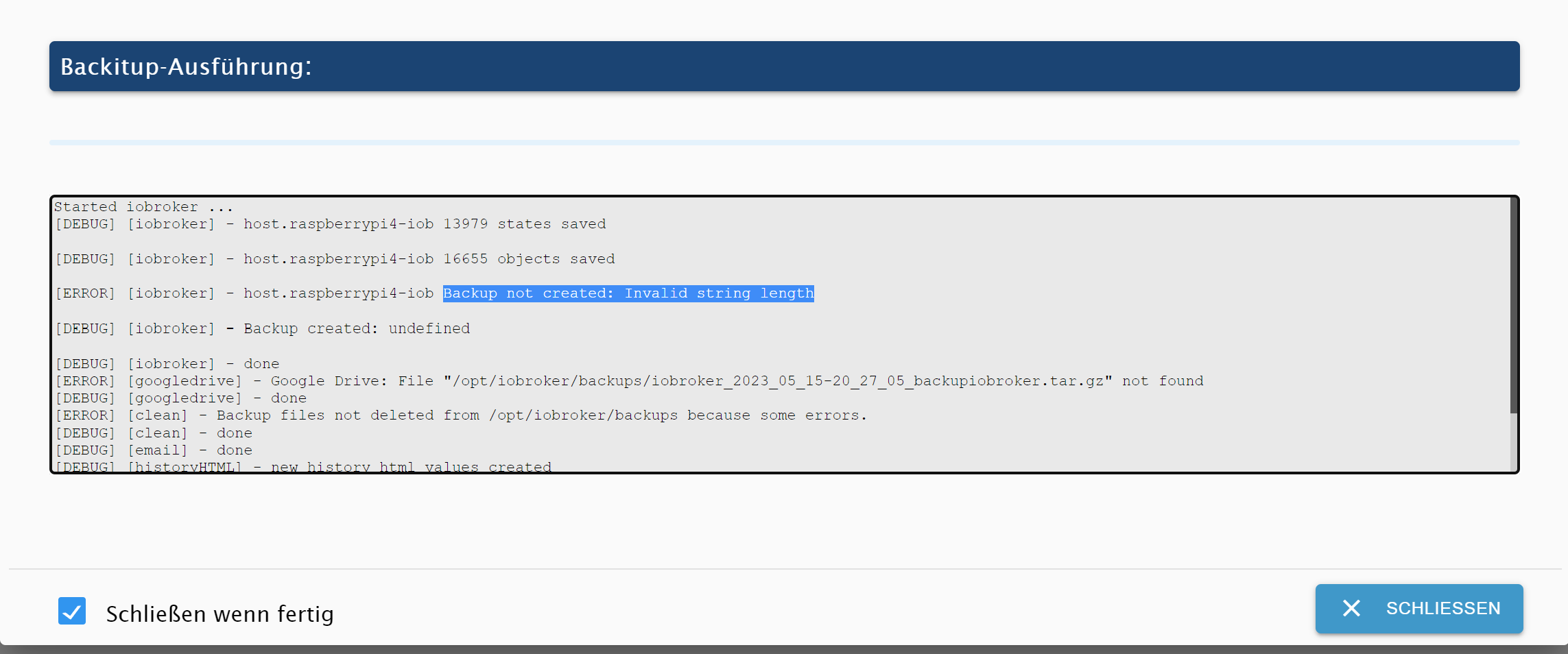 Backup not created: Invalid string length Backup not created: Invalid string length