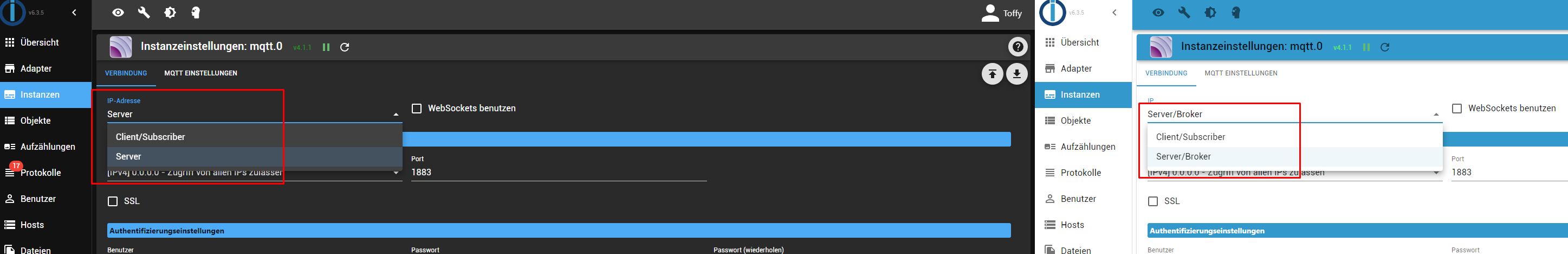 mqtt Adapter: Unterschiedliche Auswahl im Menü
