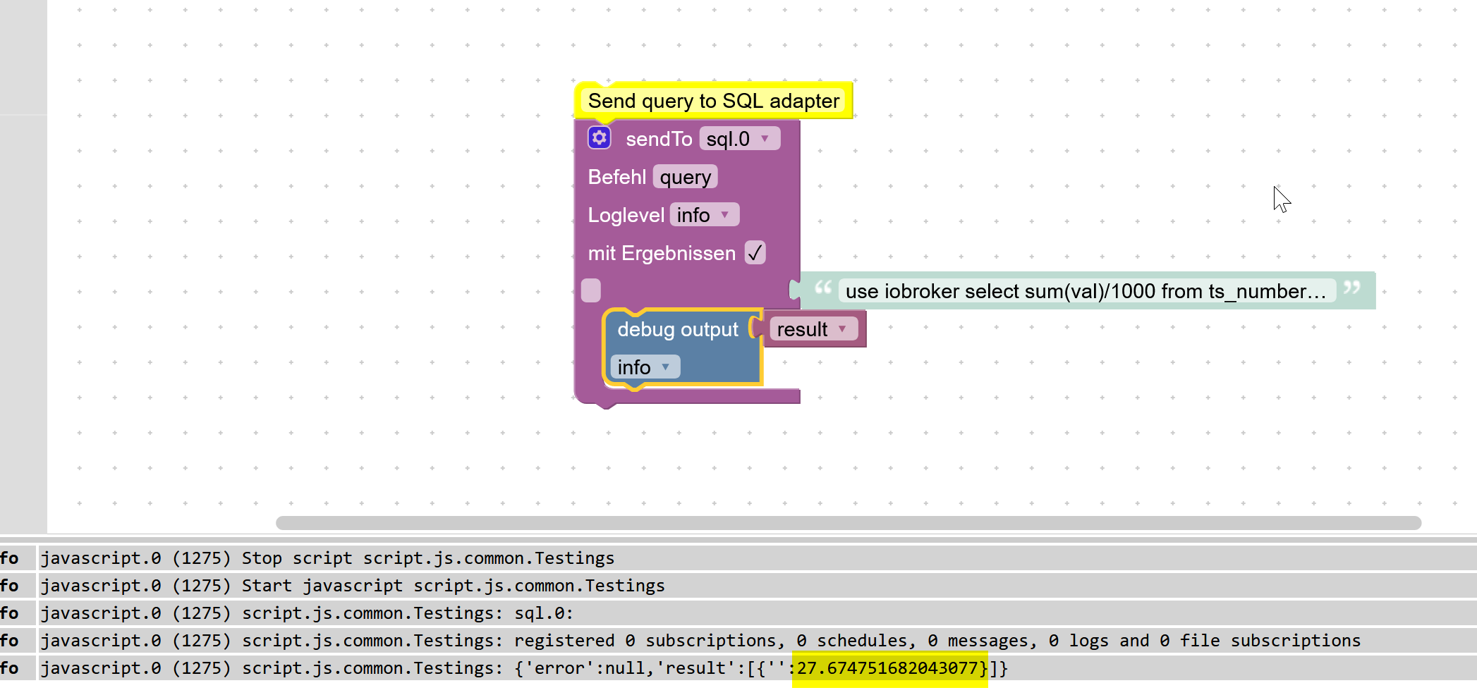 (gelöst) SQL per Blockly, Ergebnis einem Datenpunkt zuordnen