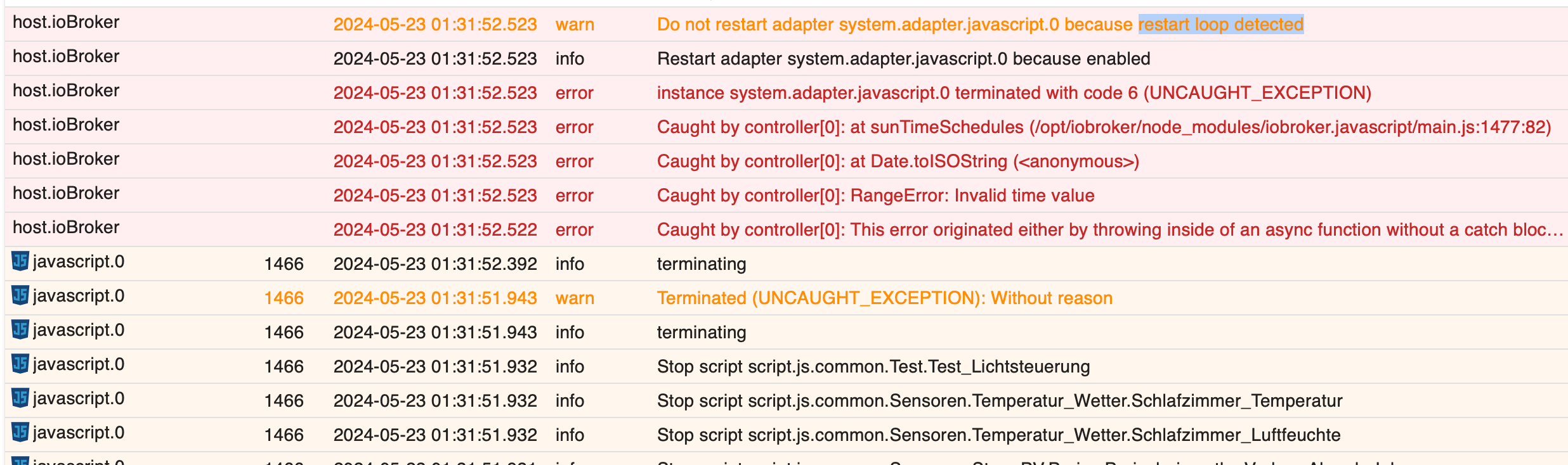 Javascript-Adapter stürzt immer ab (restart loop detected)