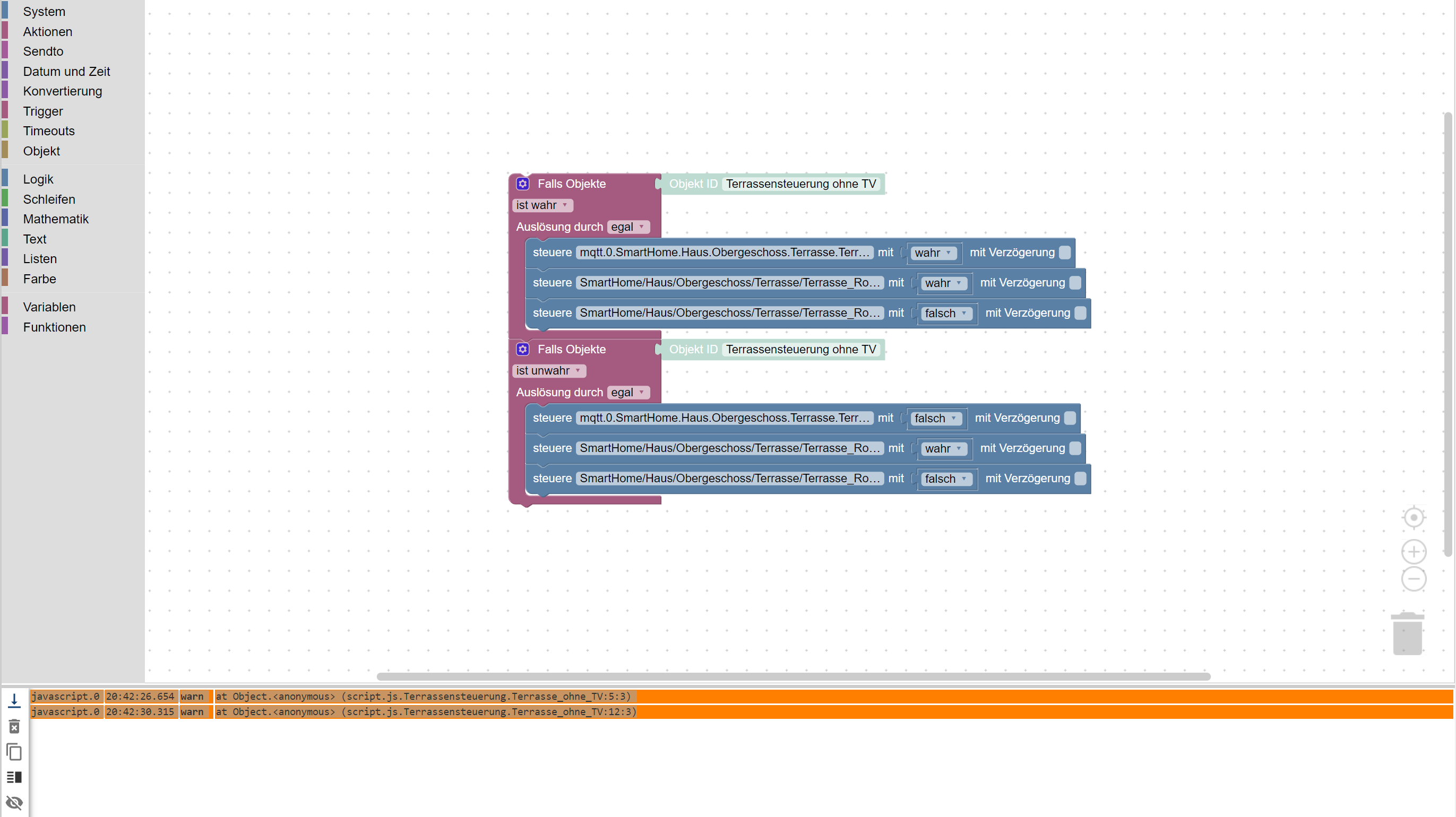 Blockly zeigt Warn Meldungen.