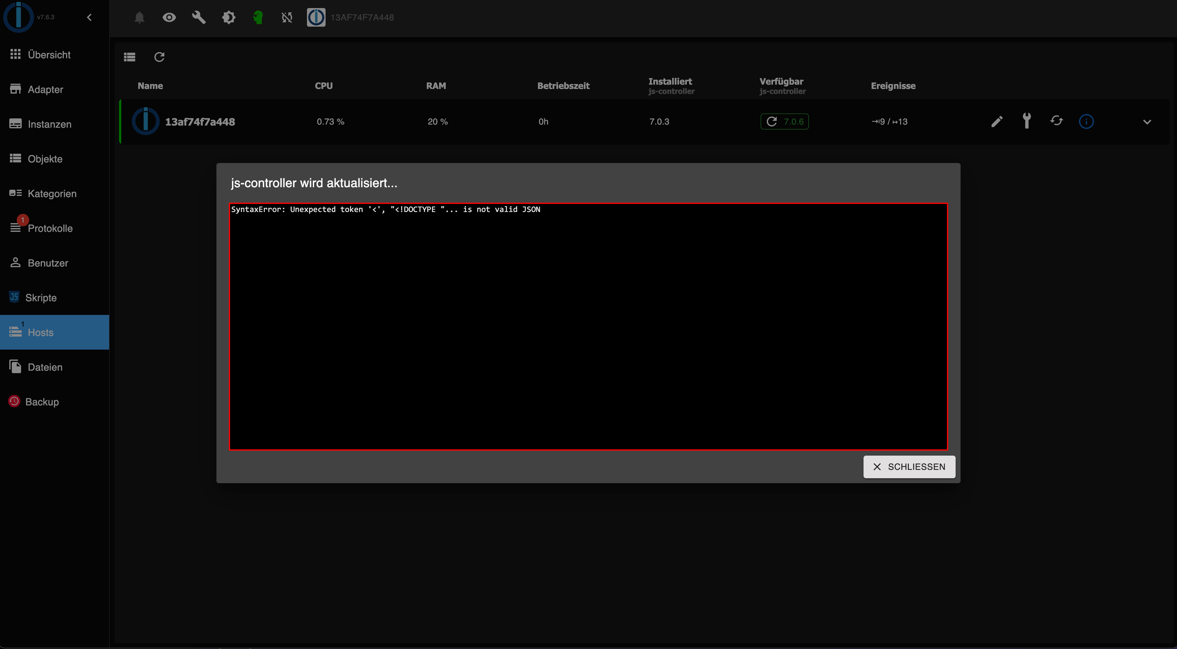 Kein Update js-controller im Docker